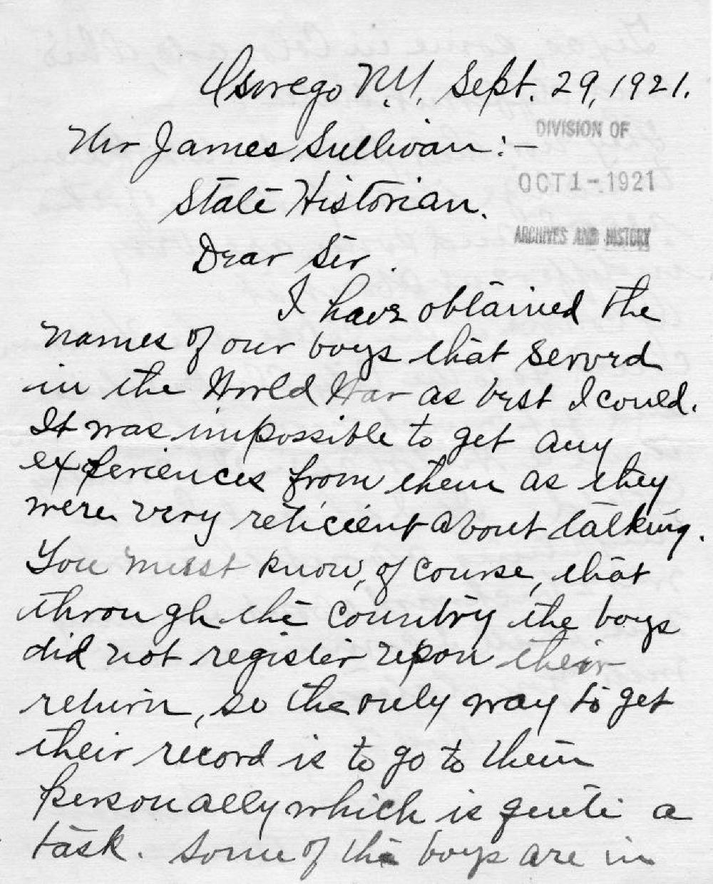Harriet Turner Letter to State Historian, World War I, September 29, 1921