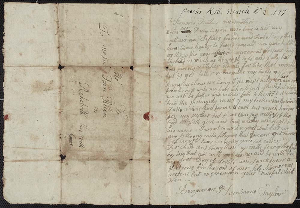 Letter from Benjamin and Jemima Taylor to Her Parents, Peekskill, March ...