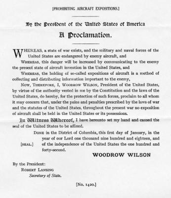 Woodrow Wilson, Proclamation Ends Aircraft Expositions, World War I, c ...