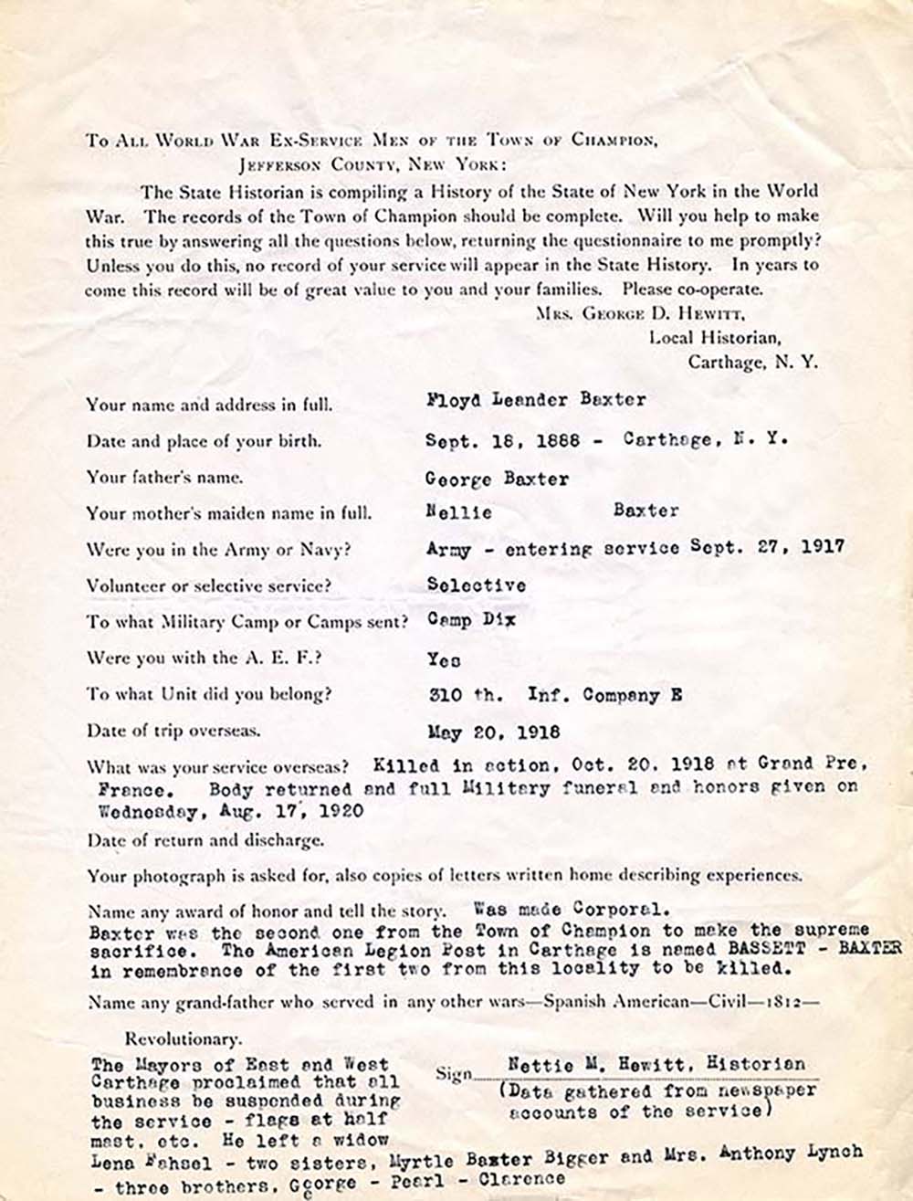 Floyd Leander Baxter Questionnaire