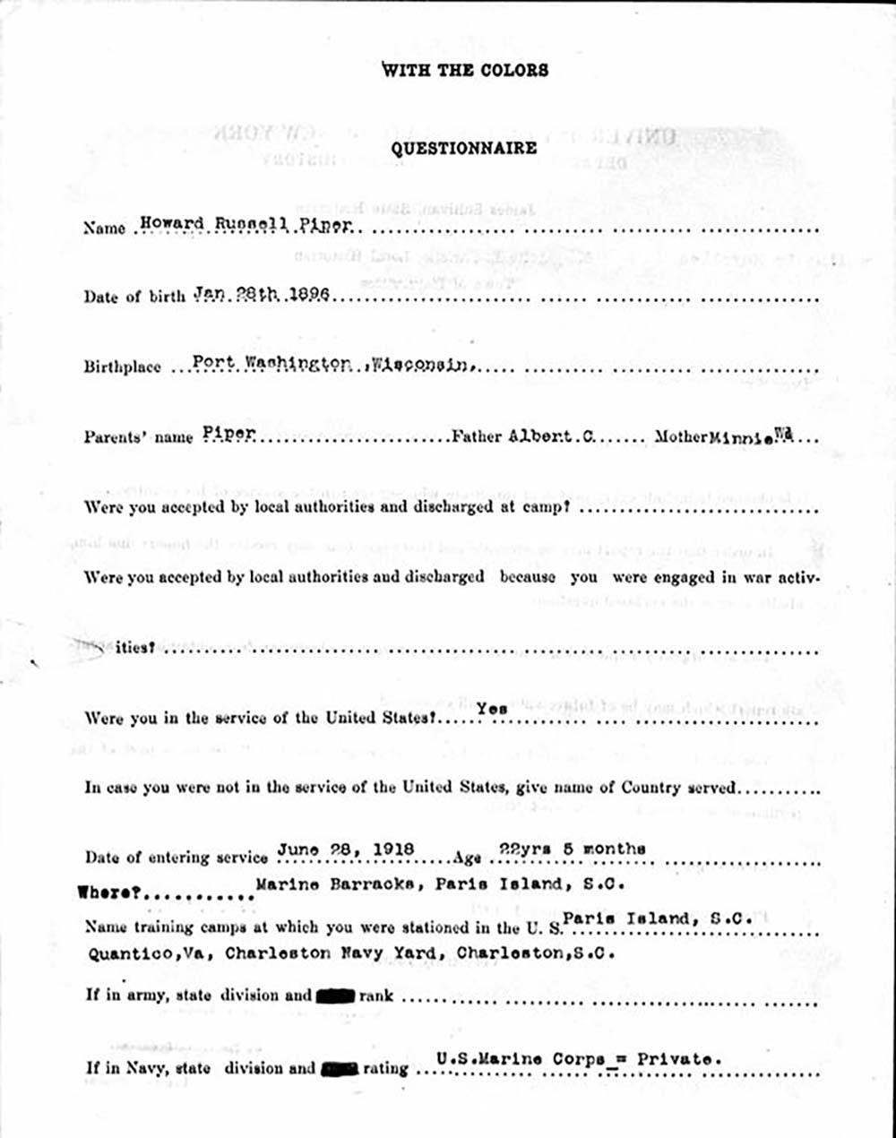 Howard Russell Piper Questionnaire