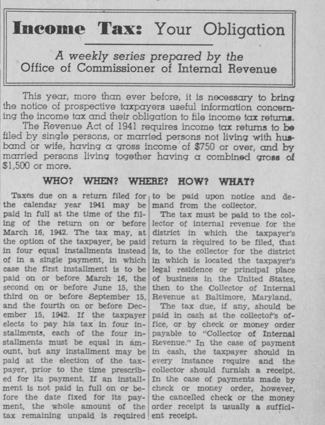 Income Tax: “Your Obligation A weekly series prepared by the Office of ...