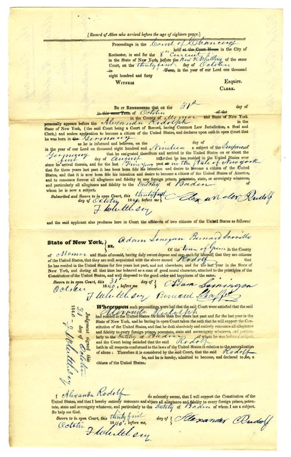 Naturalization Papers of Alexander Rudolph, Rochester, N.Y., 1840
