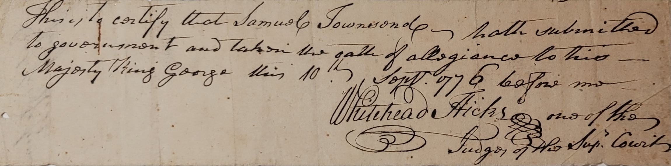 Samuel Townsend's Oath of Allegiance to King George