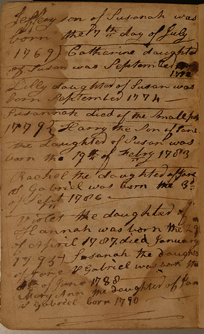 Bible with inscriptions of people enslaved by Samuel Townsend