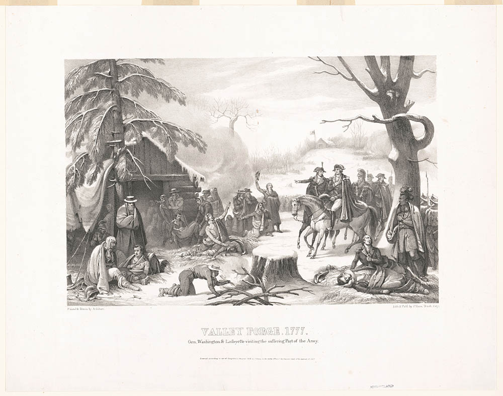 Lithograph "Valley Forge, 1777. Gen. Washington and Lafayette visiting ...