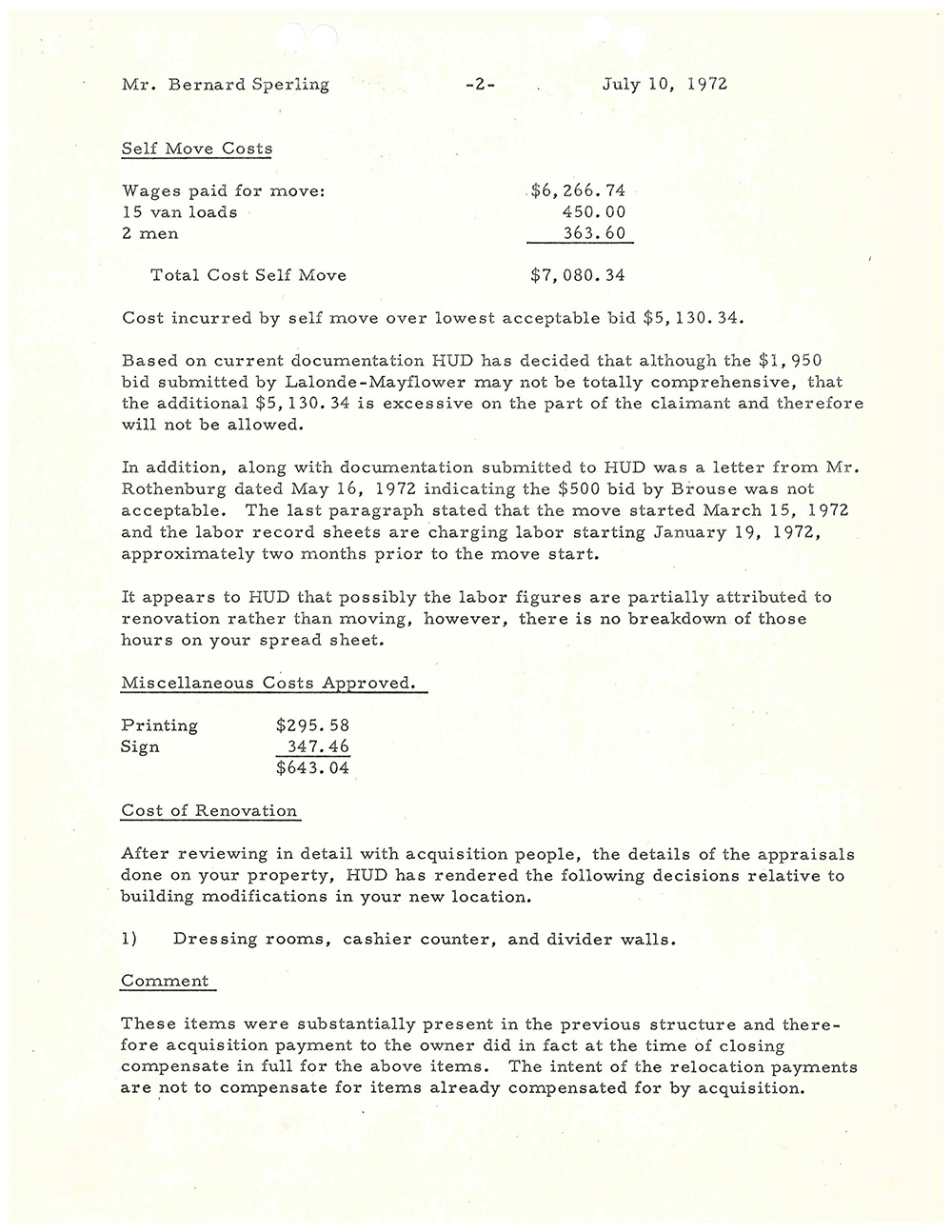 Letter to Bernard Sperling, July 10, 1972