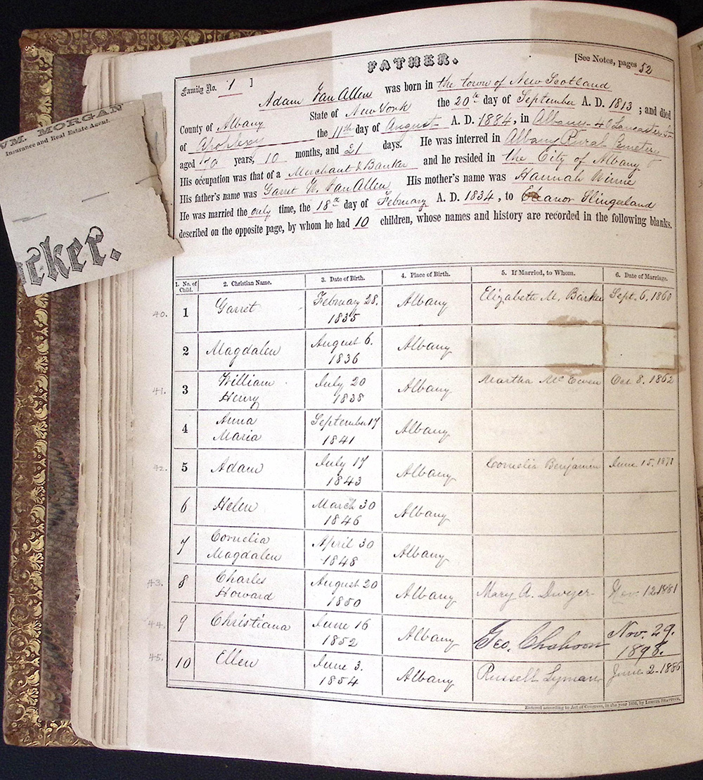 Van Allen Family Register: Family No. 1 Father: Adam Van Allen