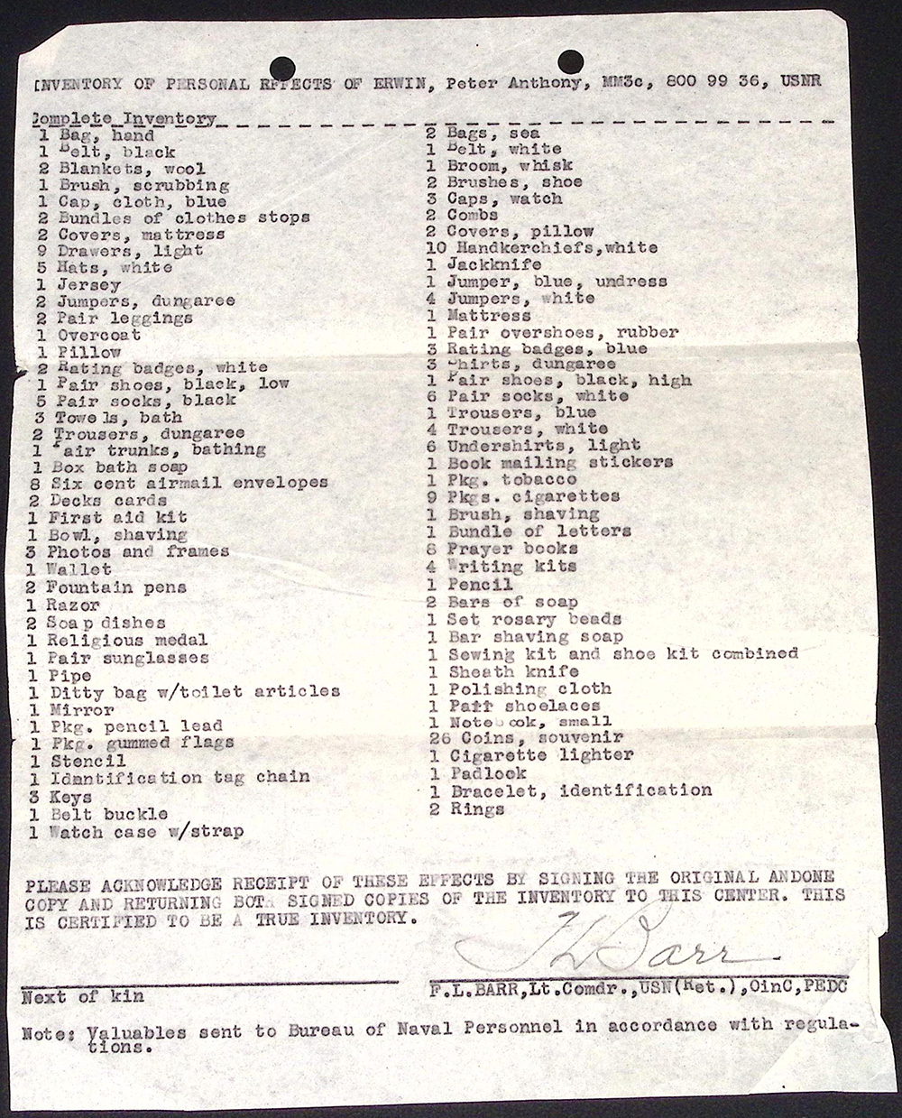 Inventory of Peter Erwin's Personal Effects