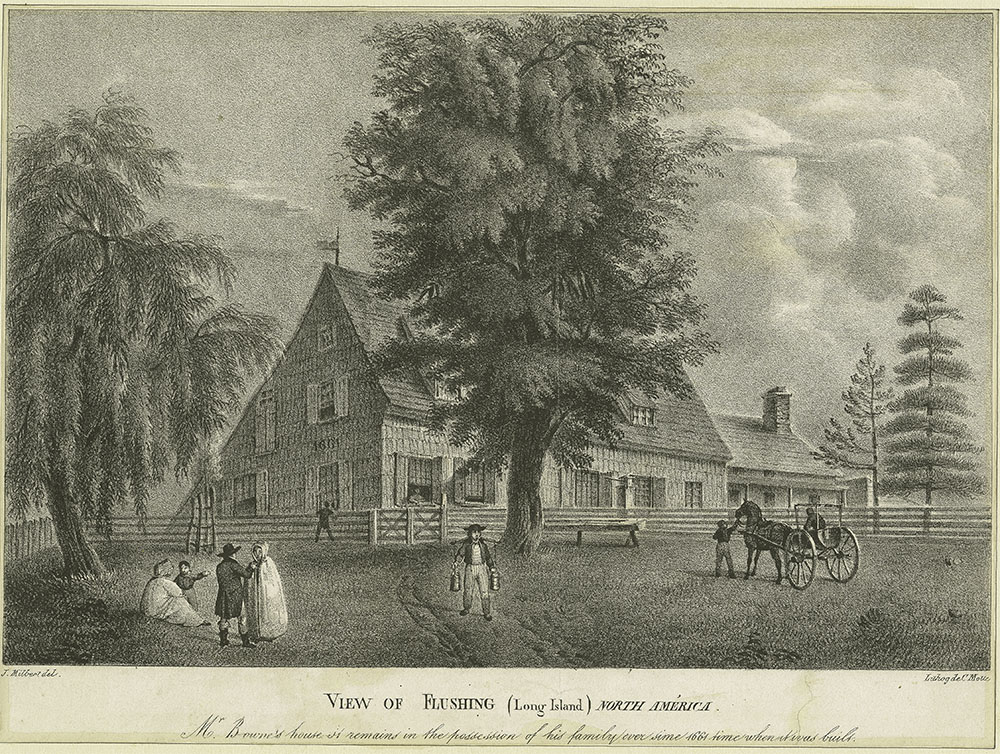 View of Flushing (Long Island) North America. Mr Bowne's house.