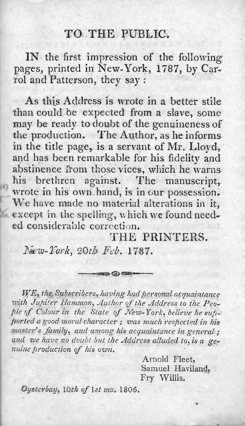 Jupiter Hammon, An Address to the Negroes of New York State