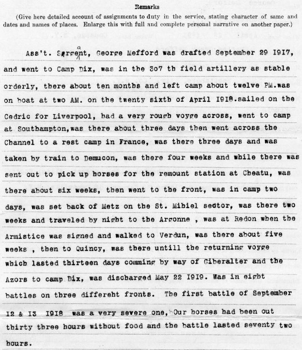 George Mefford Biography, World War I, c. 1919