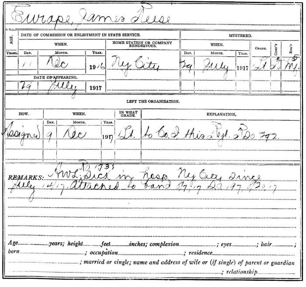 James Reese Europe, National Guard Muster Roll Abstract for World War I ...