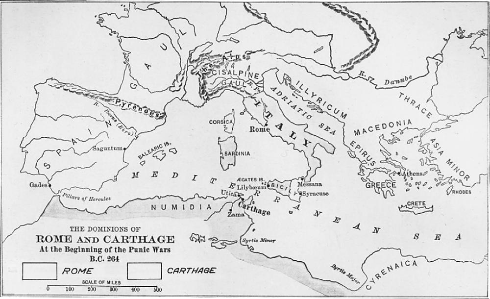 Map of Dominion of Rome and Carthage at Beginning of Punic Wars, 264 B.C.