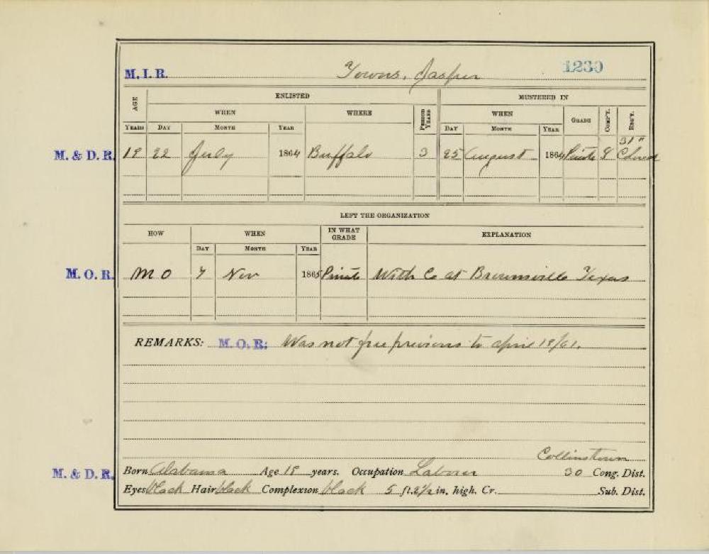 Muster Roll #1230 for Jasper Towns, Civil War, 1865